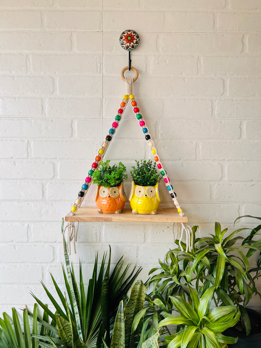 Natural Wood Colorful Beaded Shelf | With Ceramic Planters and Hook ...