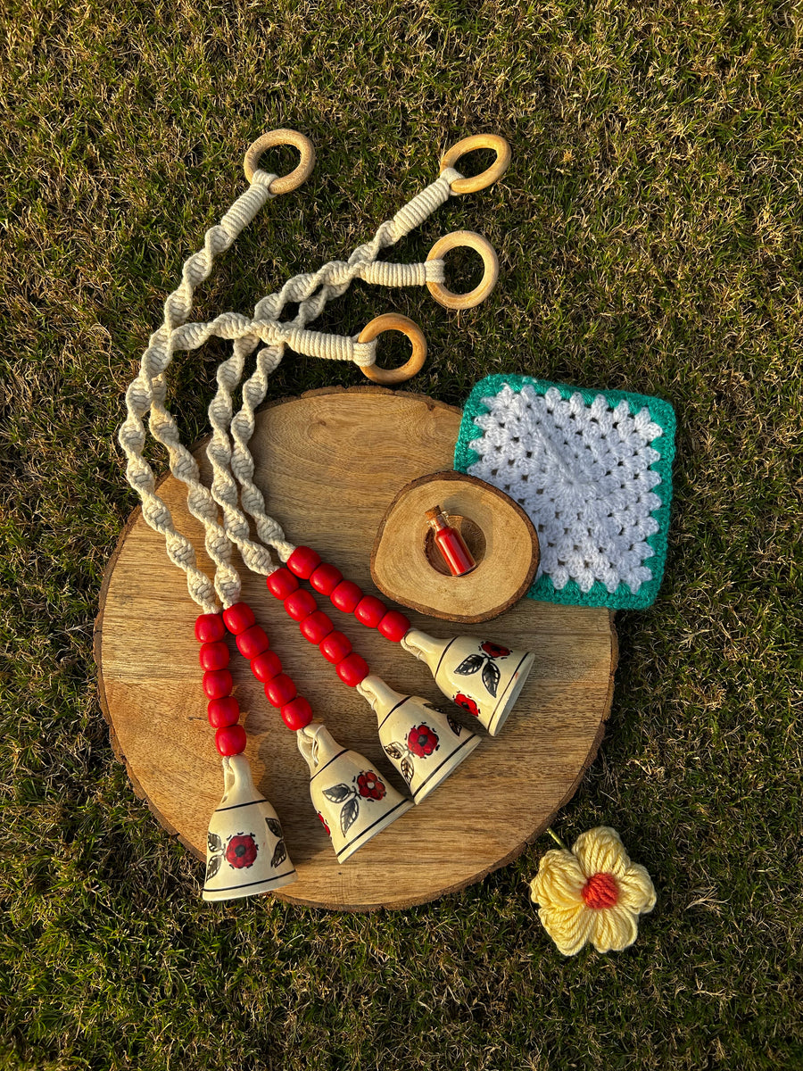 GULAAL | Panchratna Temple Chimes | Set of 2 | Ceramic Macrame Bells w ...