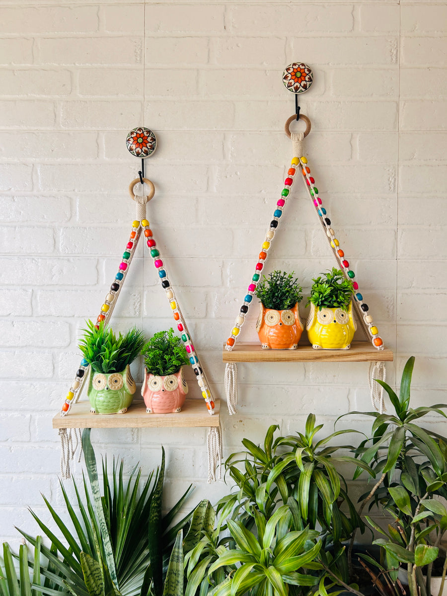 Natural Wood Colorful Beaded Shelf | With Ceramic Planters and Hook ...