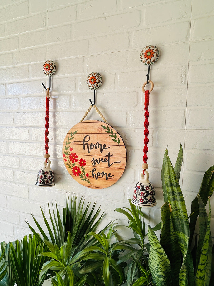 Home sweet home wall set up with two Red macrame bells – VioletVibes