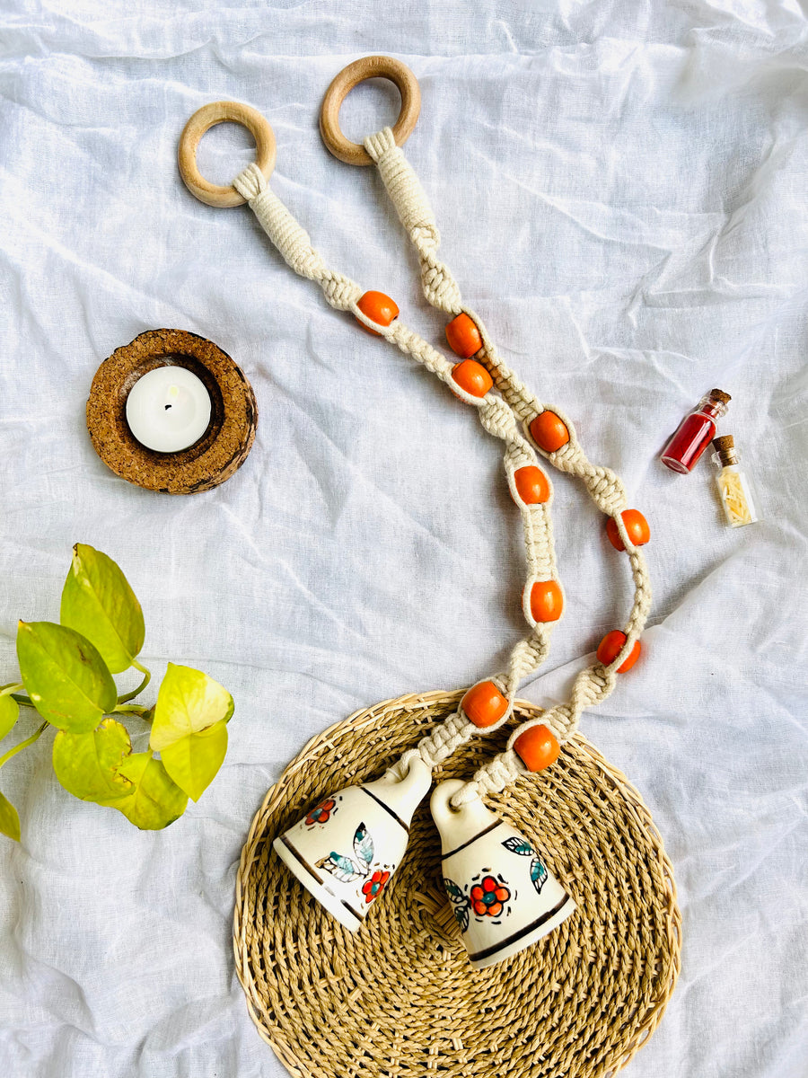 KESARI | Temple Chimes | Set of 2 | Ceramic Macrame Bells with Wooden ...