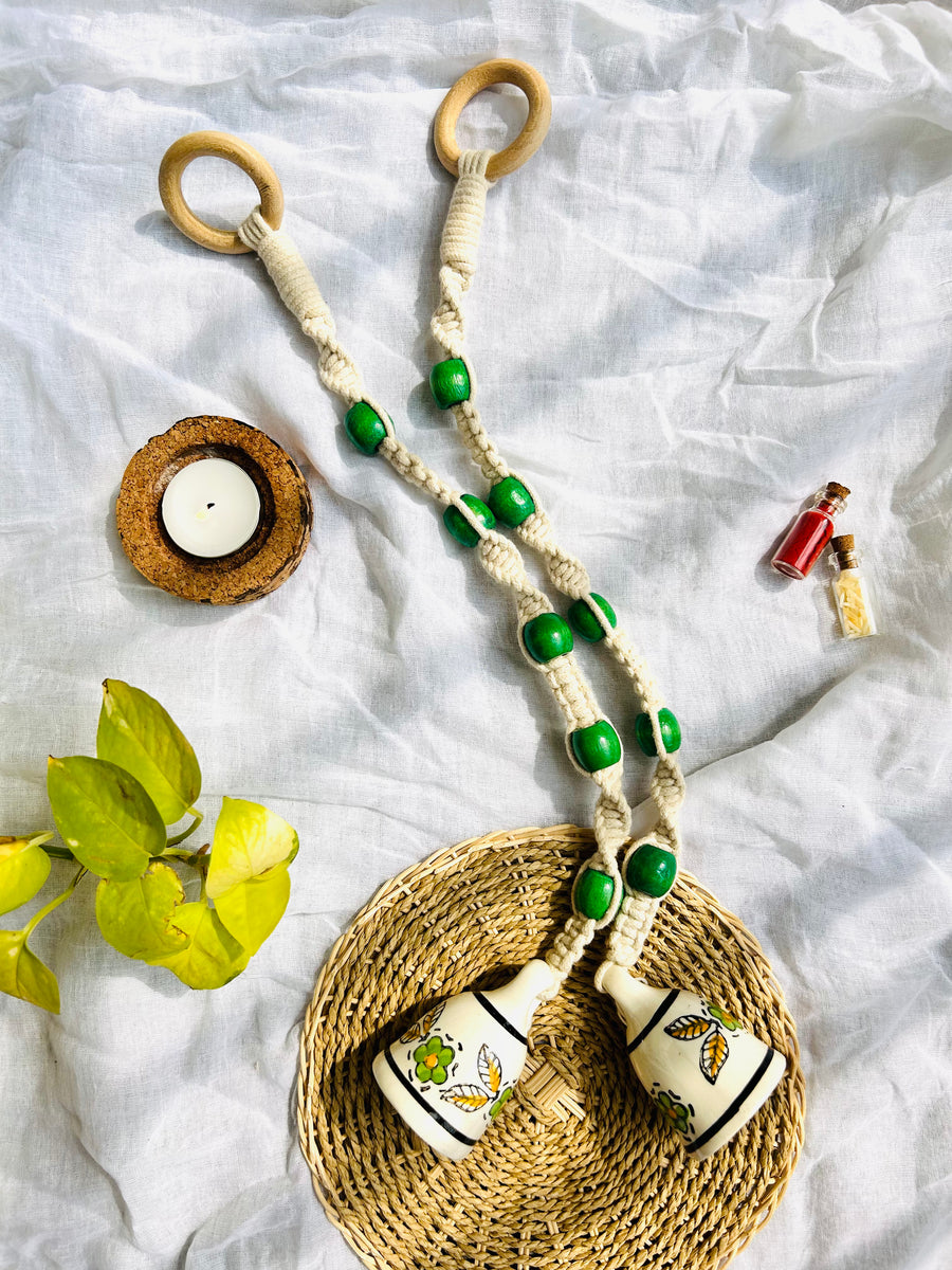 PANNA | Temple Chimes | Set of 2 | Ceramic Macrame Bells with Wooden B ...