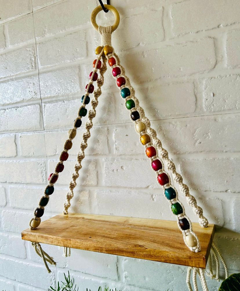 Natural Wood Colorful Beaded Shelf | With Ceramic Planters and Hook ...